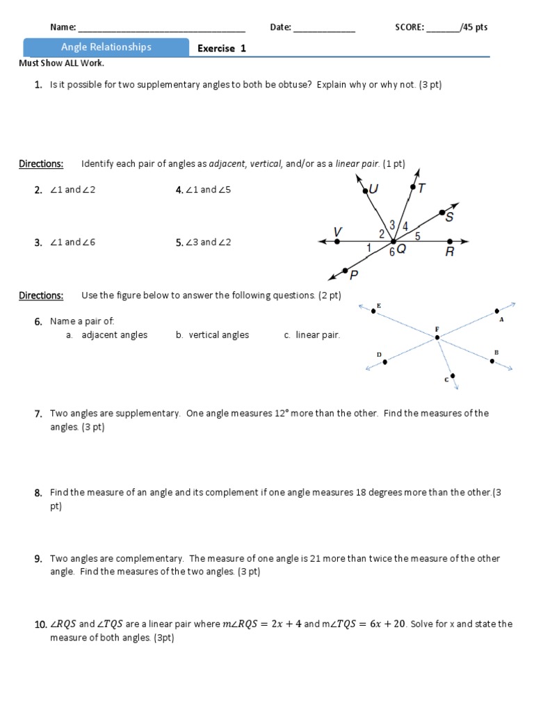 Angle Relationships - Exercise 1 | PDF