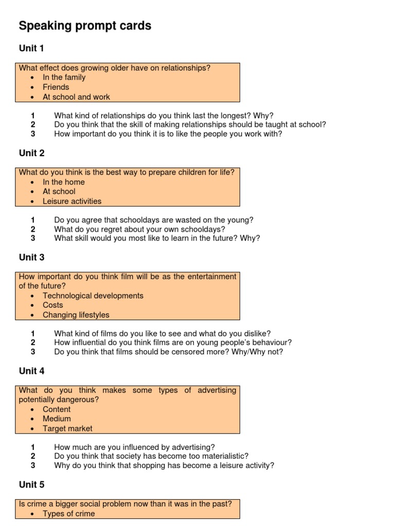 Speaking Prompt Cards | PDF | Contentment | Advertising