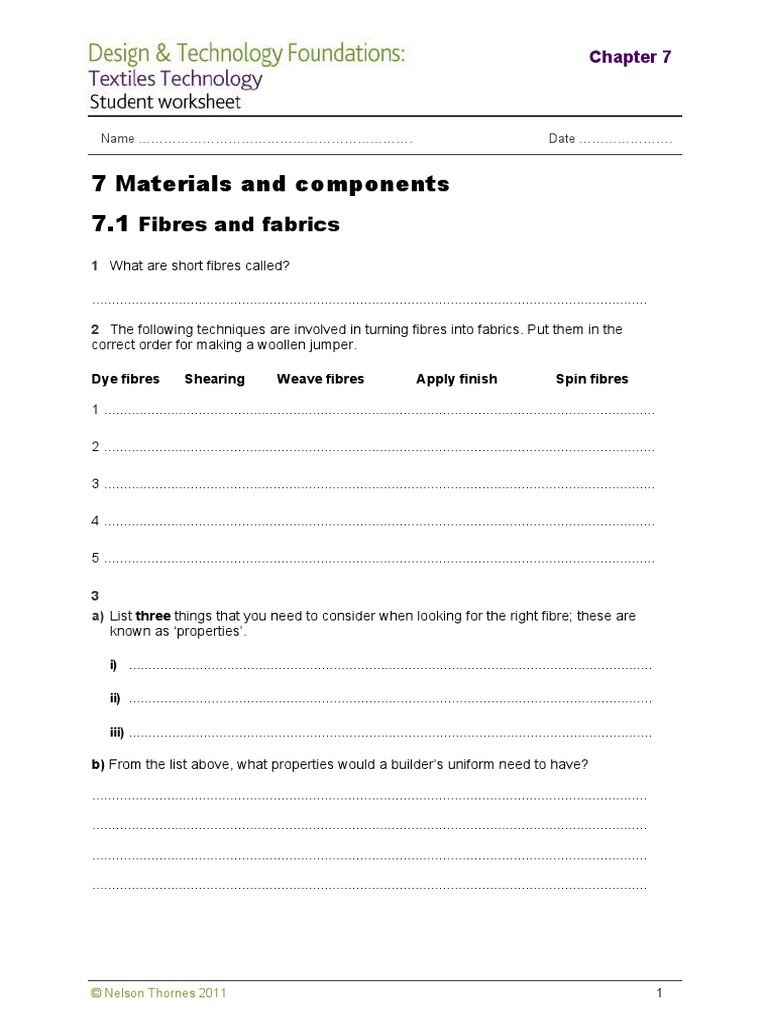 D&T Textiles - Fibres and Fabrics Worksheet 1 | PDF | Textiles | Fibers