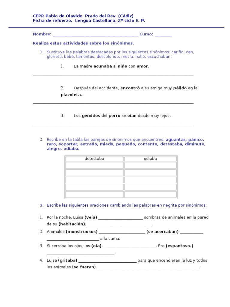 Ficha de Sinónimos para 2º Ciclo E.P. | PDF
