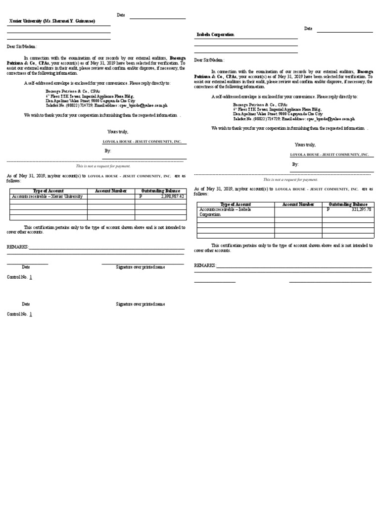 SA 03-002 Confirmation Letter | PDF | Audit | Accounting