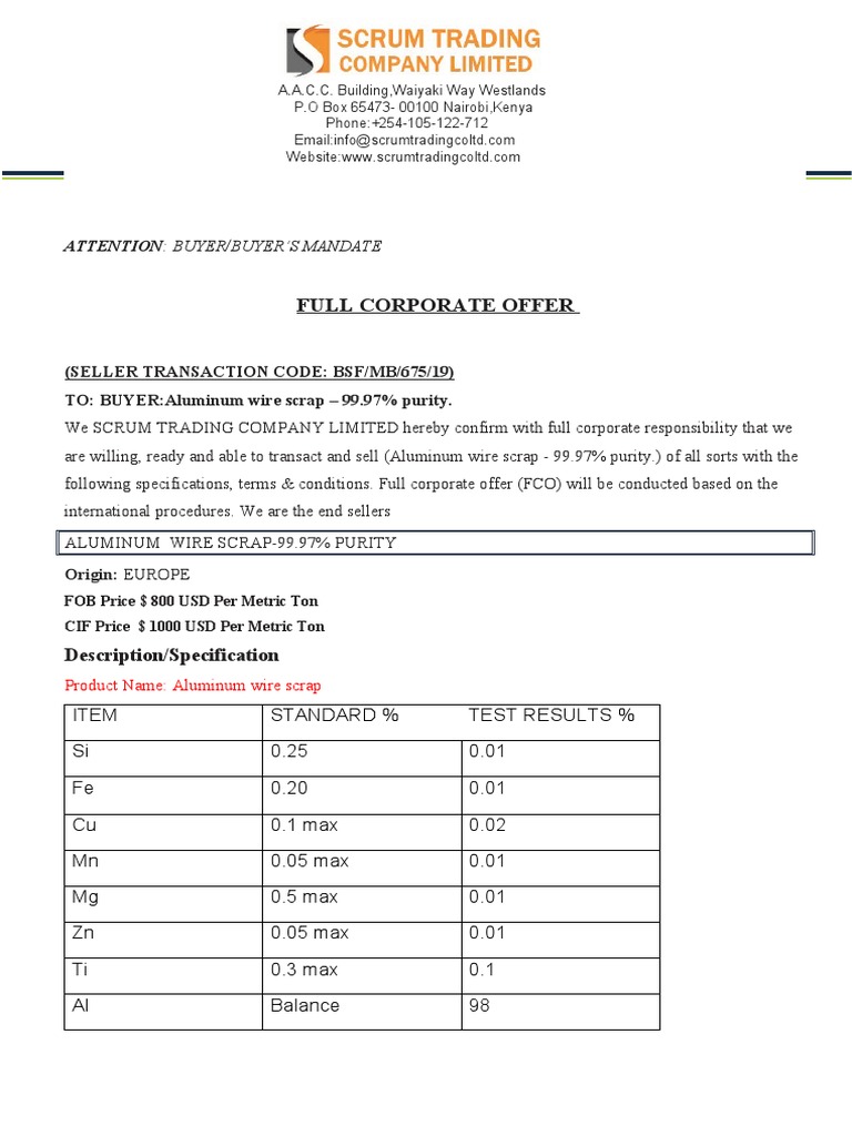 Aluminum Scrap Offer | PDF | Bill Of Lading | Invoice