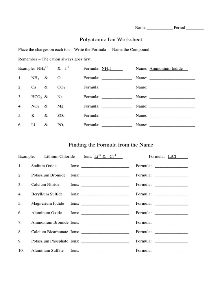 Polyatomic Ion Practice Worksheet | PDF