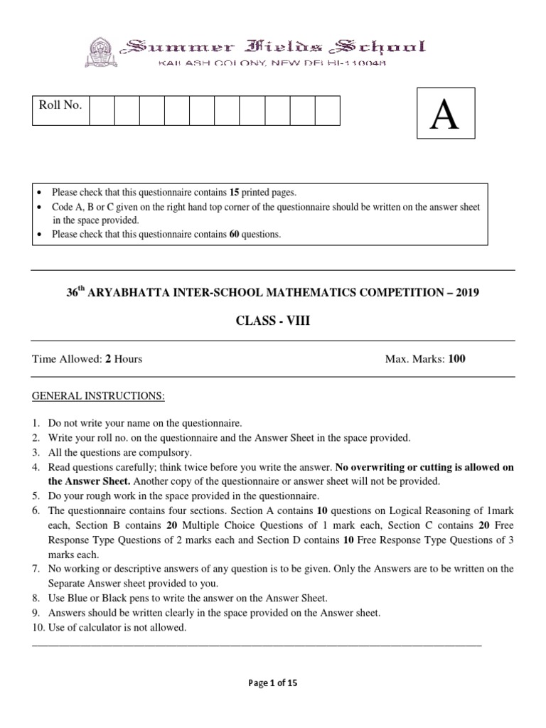 Aryabhatta Question Paper Class VIII 2019 | PDF | Area | Triangle