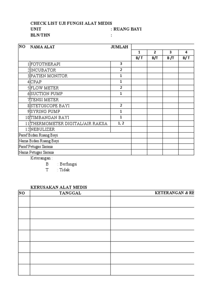 Checklist Uji Fungsi Alat Medis | PDF