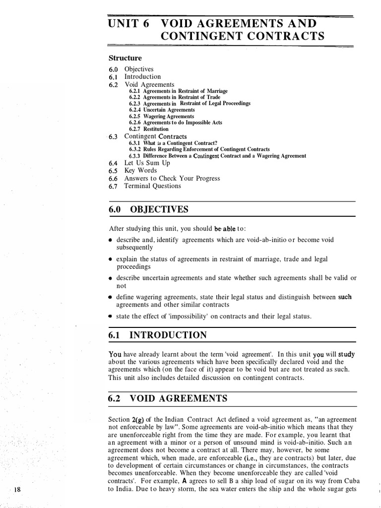 Unit 6 Void Agreements AND Contingent Contracts: Objectives | PDF | Restraint Of Trade | Arbitration