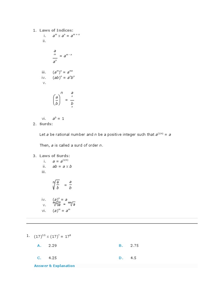 Laws of Indices:: A. B. C. D | PDF | Mathematical Objects | Numbers