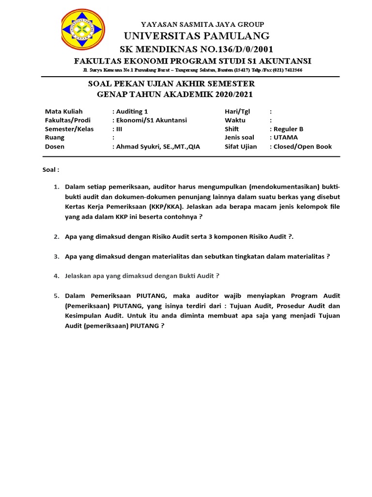 Soal UAS Auditing 1 Reg. B 2021 | PDF