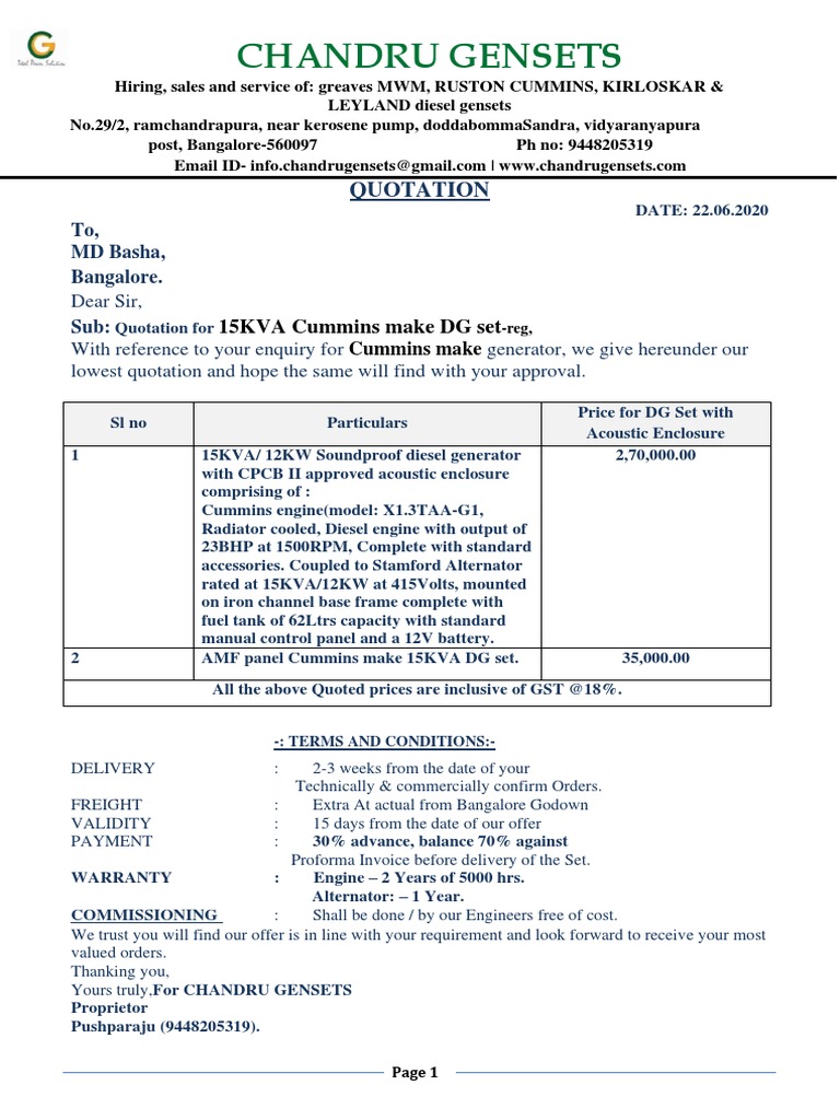 15kva New Cummins DG Set | PDF | Manufactured Goods | Vehicles