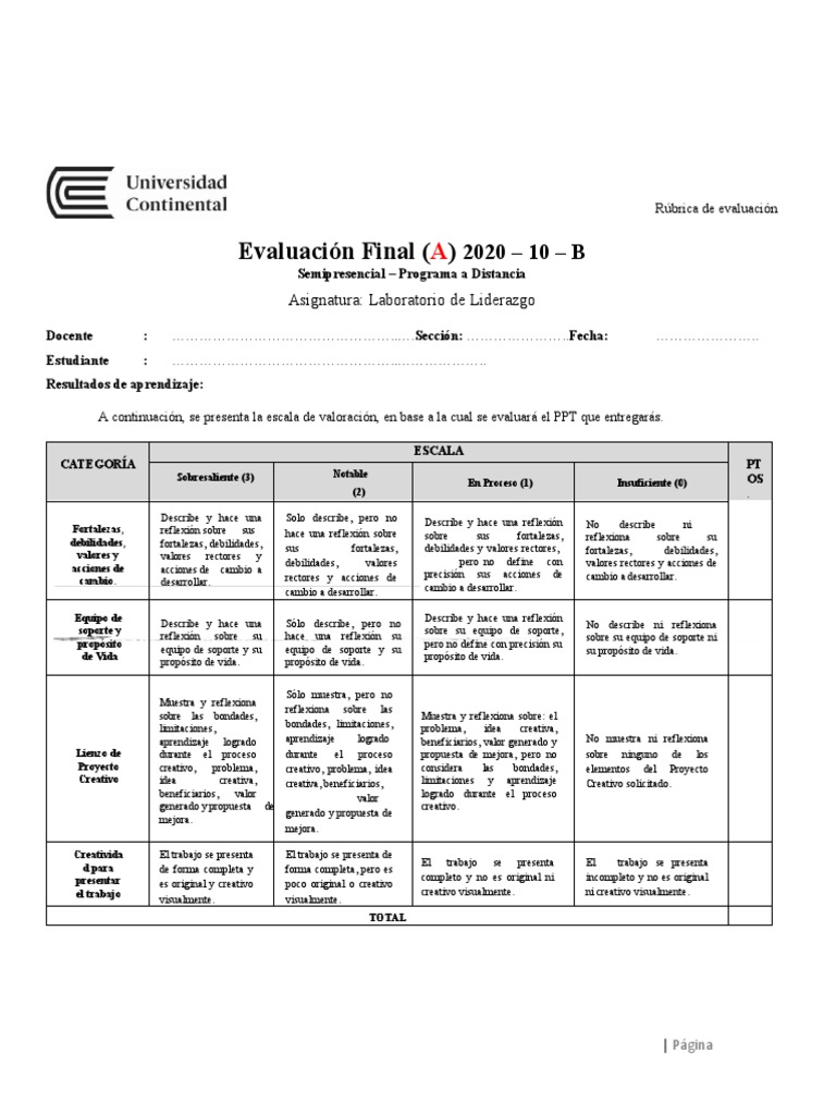01-Evaluación Final RUBRICA | PDF | Rúbrica (Académica) | Evaluación