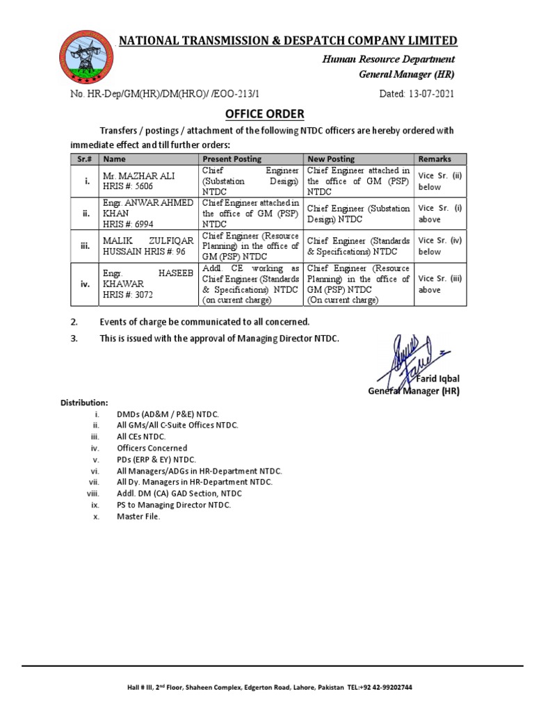 National Transmission & Despatch Company Limited: Office Order | PDF ...
