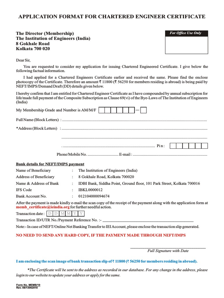 Application Format Chartered Engineer Certificate 01 | PDF | Business ...