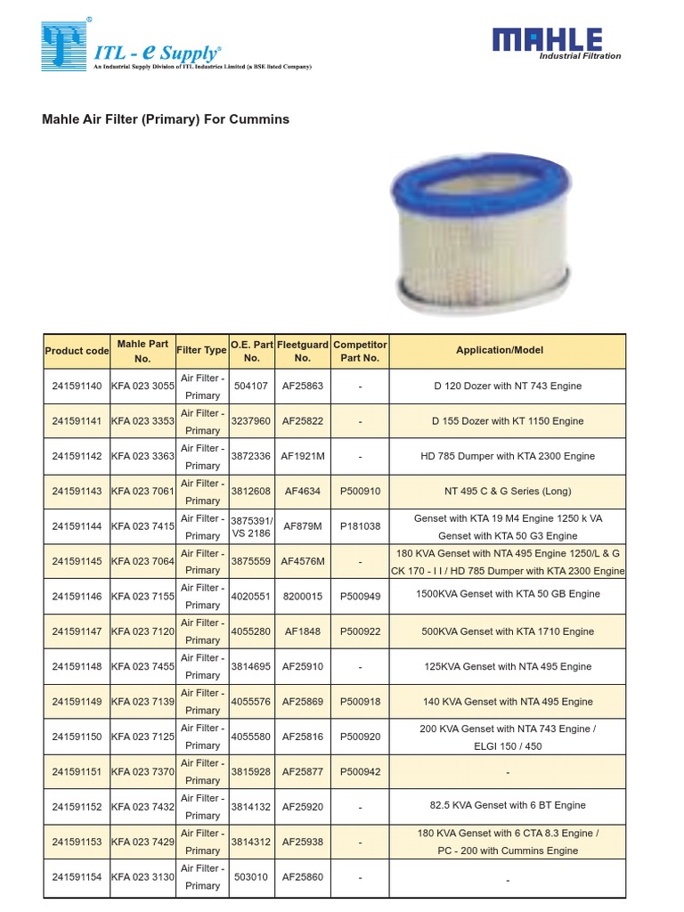Mahle Air Filters for Cummins Engines | PDF | Cummins | Filtration