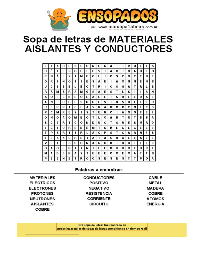 Sopa de Letras de Materiales Aislantes y Conductores | PDF