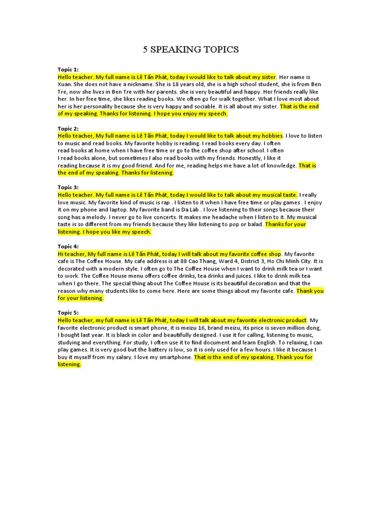 5 Speaking Topics: Topic 1 | PDF | Coffeehouse | Drink