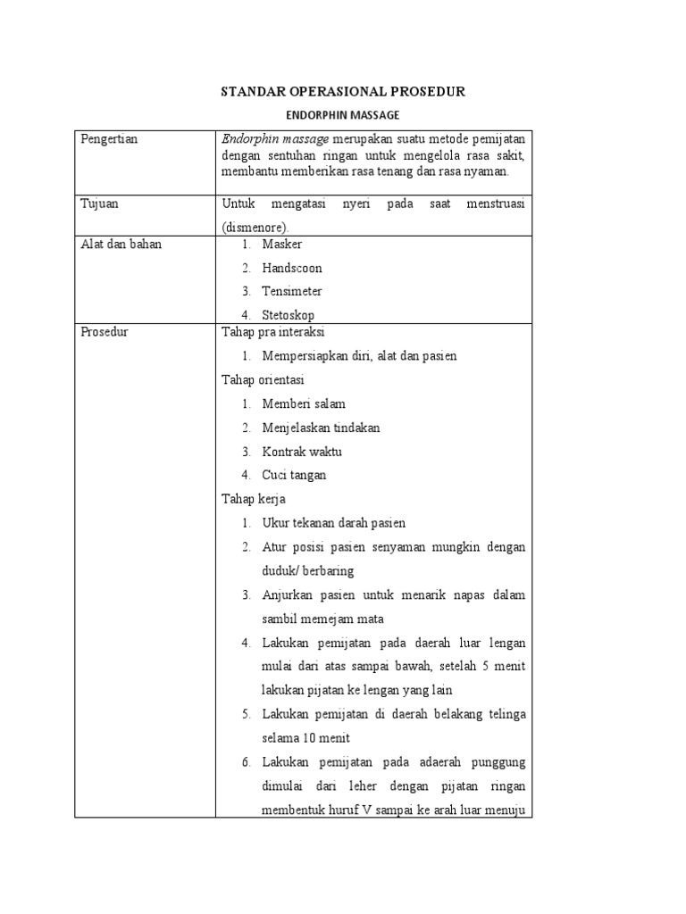 Standar Operasional Prosedur Endorphin Massage | PDF