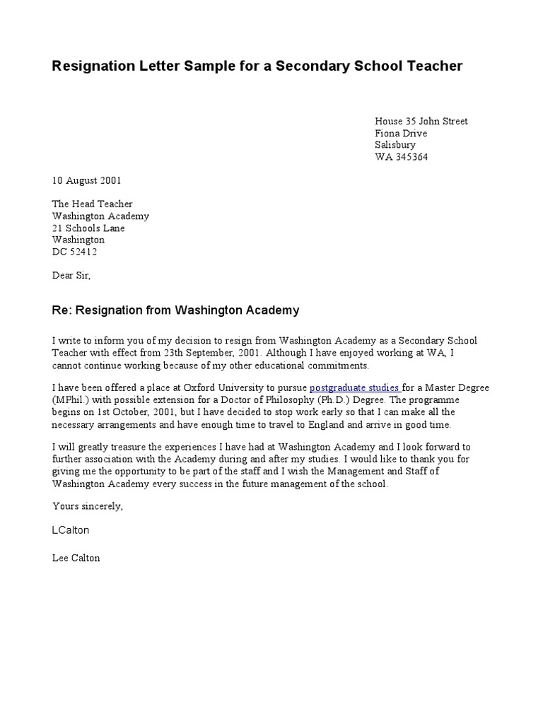 Resignation Letter Sample For A Secondary School Teacher: Re ...