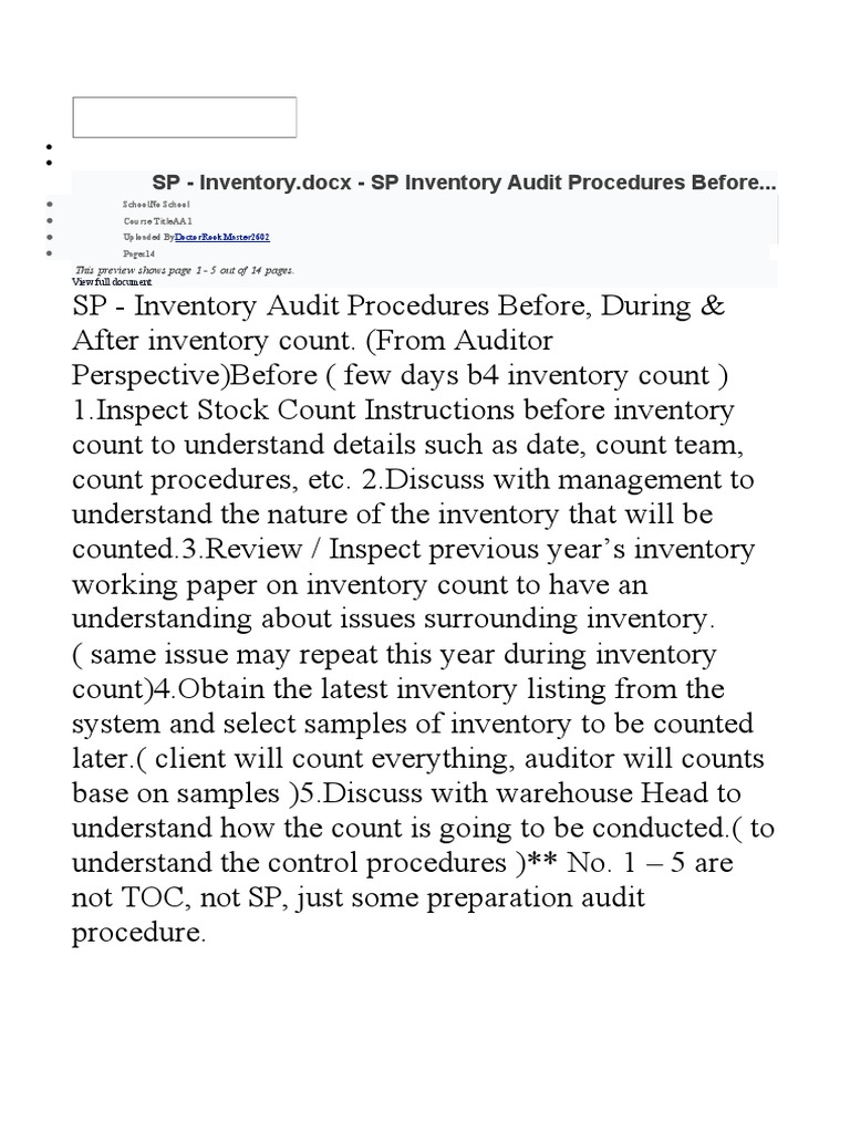 SP - Inventory - Docx - SP Inventory Audit Procedures Before.. | PDF | Inventory | Audit