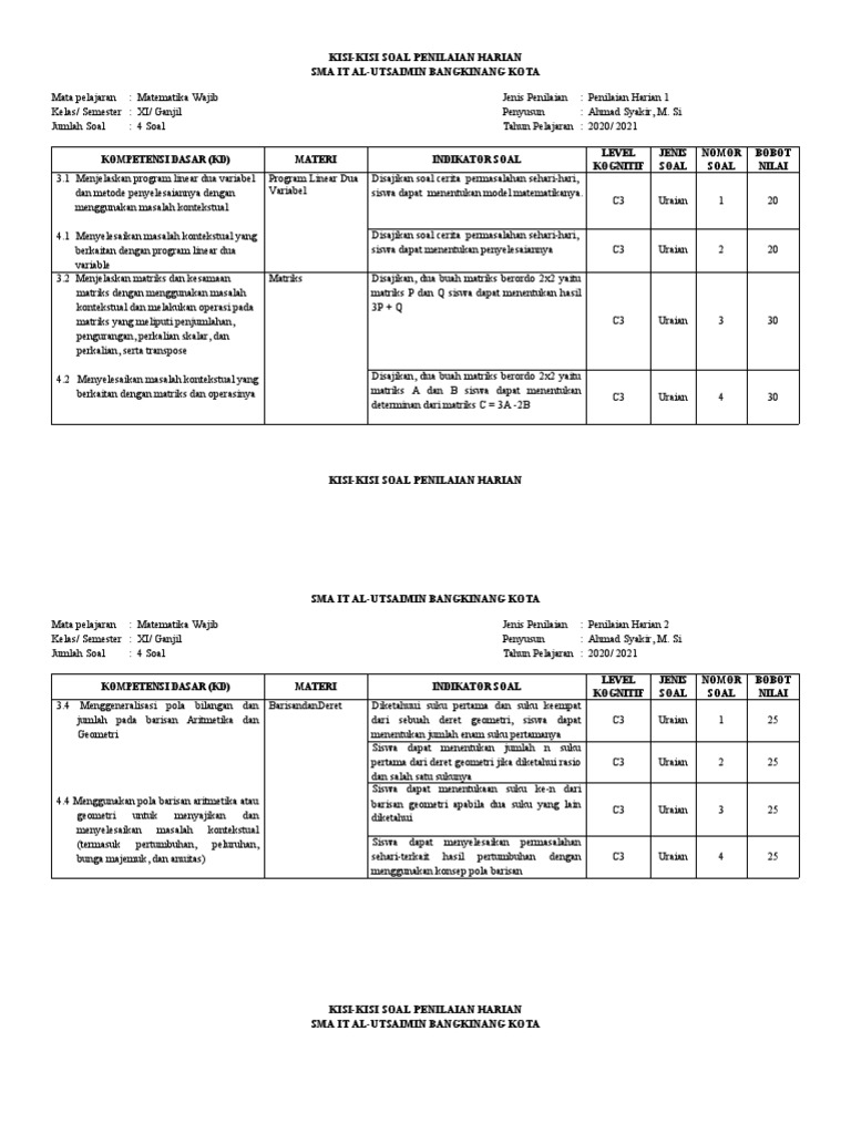Kisi MTK Wajib Xi | PDF