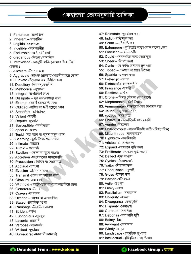 1000+ Important Vocabulary With Bengali Meaning | PDF
