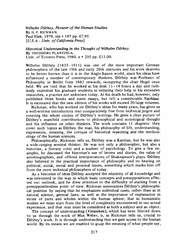 Wilhelm Dilthey, Pioneer of The Human Studies.: Rickman. T | PDF ...