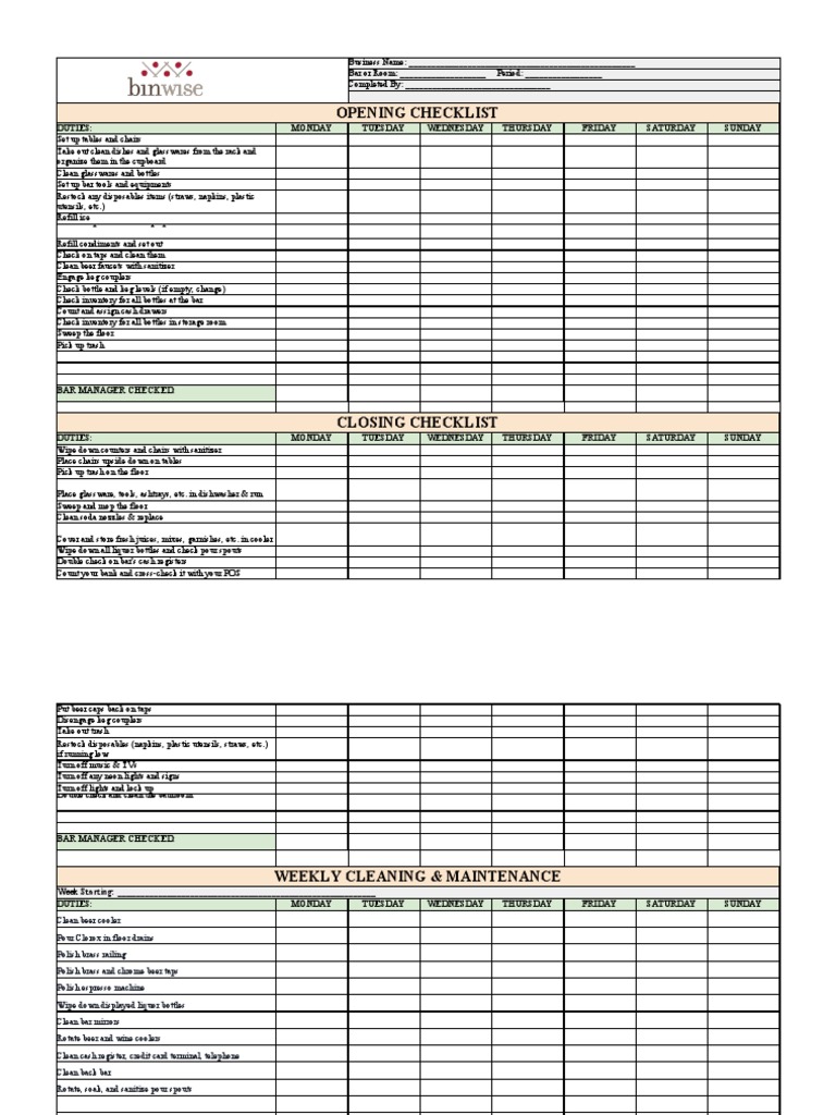 Bar Operations Checklists | PDF | Beer | Alcoholic Drinks