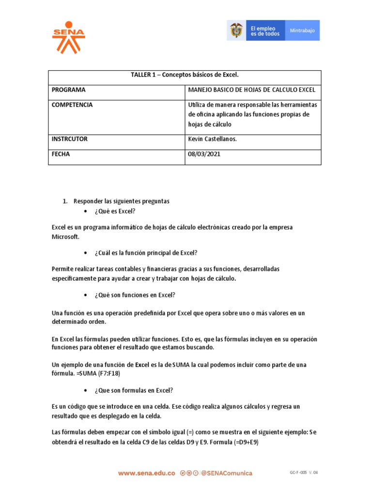 Taller 1 - Conceptos Básicos Excel | PDF | Microsoft Office | Microsoft Excel