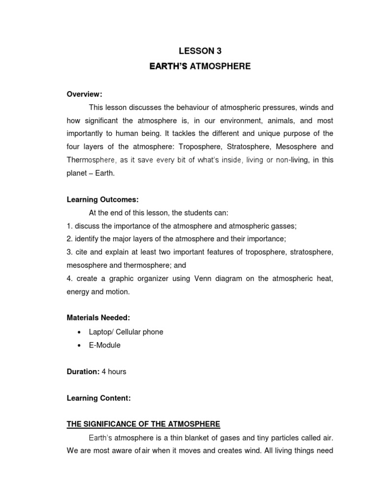 Lesson 3 Earth'S Atmosphere: Overview | PDF | Atmosphere Of Earth | Cloud