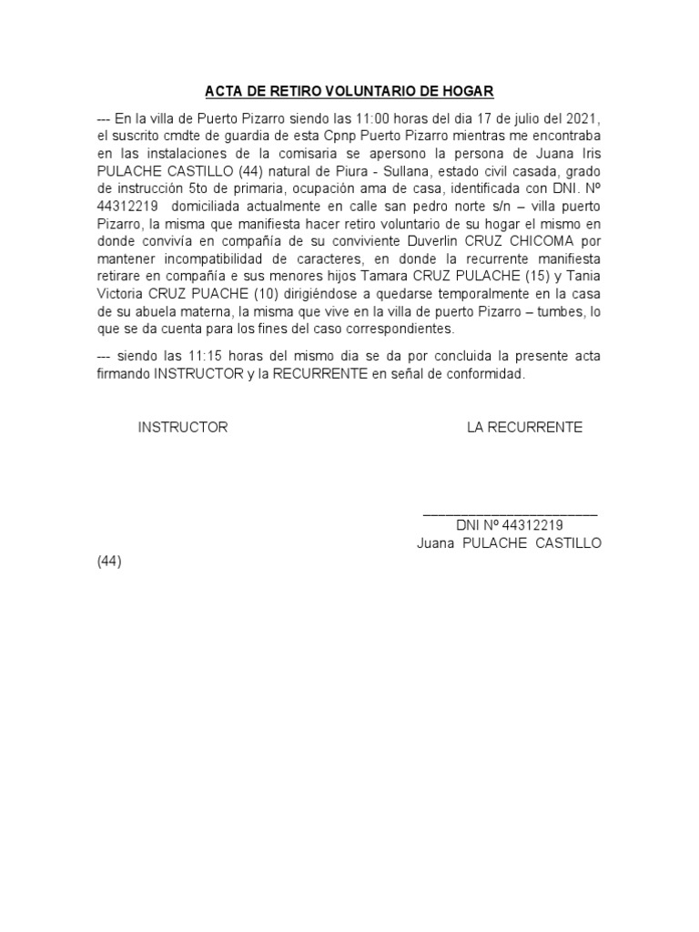 ACTA DE RETIRO VOLUNTARIO DE HOGA1 Kuki01072021 | PDF