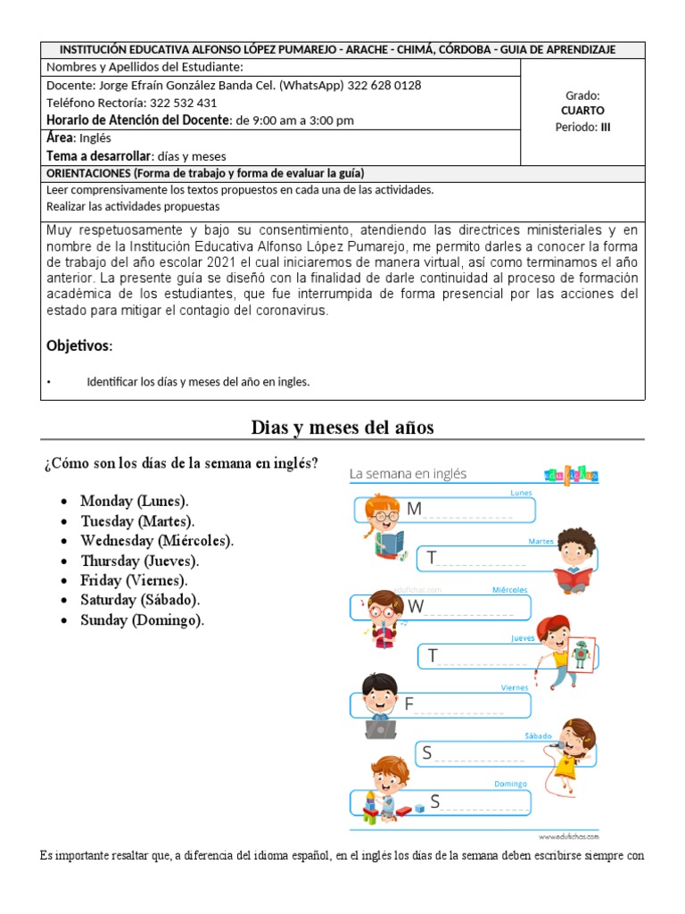 GUIA DE Ingles, Dias y Meses | PDF