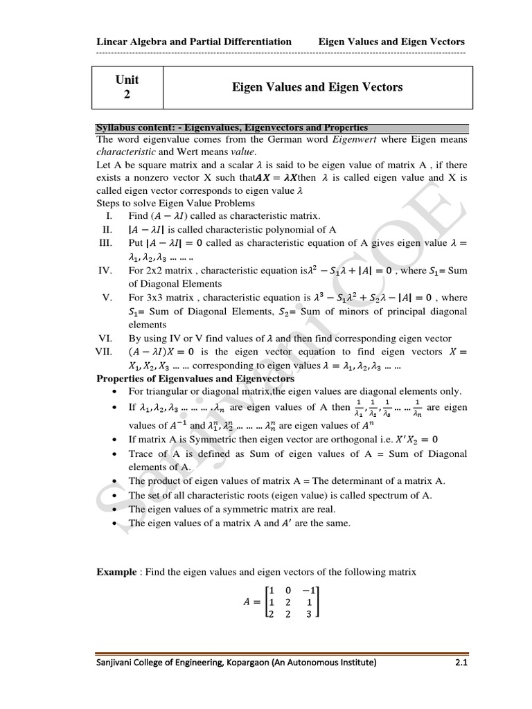 UNIT II Eigenvalues and Eigenvectors | PDF | Eigenvalues And Eigenvectors | Matrix (Mathematics)