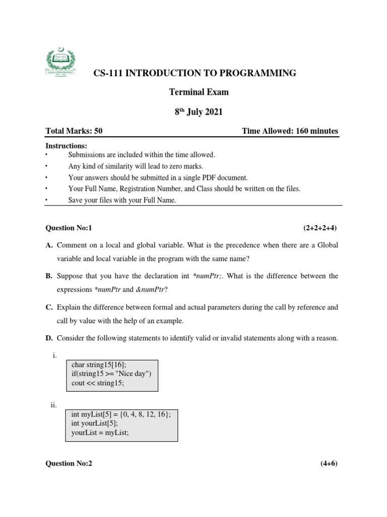 Cs-111 Introduction To Programming: Terminal Exam 8 July 2021 | PDF | Parameter (Computer ...