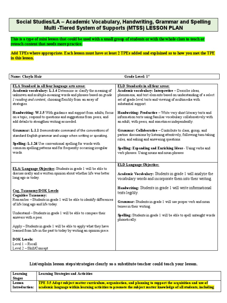 Mini Lesson 1 - Grammar Spelling Vocab Lesson | PDF | Vocabulary ...