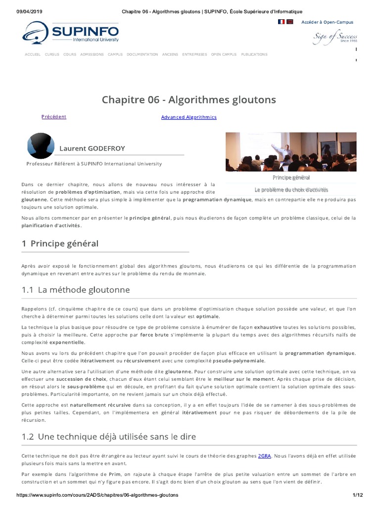 Chapitre 06 - Algorithmes Gloutons - SUPINFO, École Supérieure D'informatique | PDF