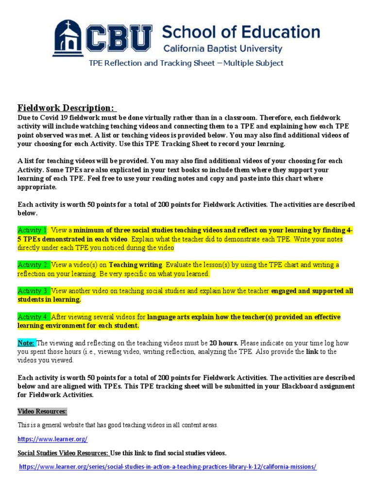 Fieldwork Description:: TPE Reflection and Tracking Sheet - Multiple ...