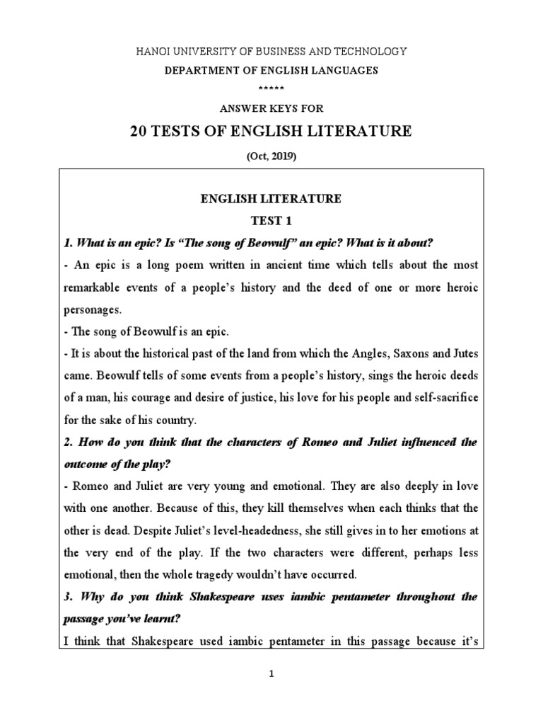 English Literature Test Answers | PDF | The Time Machine | Romeo And Juliet