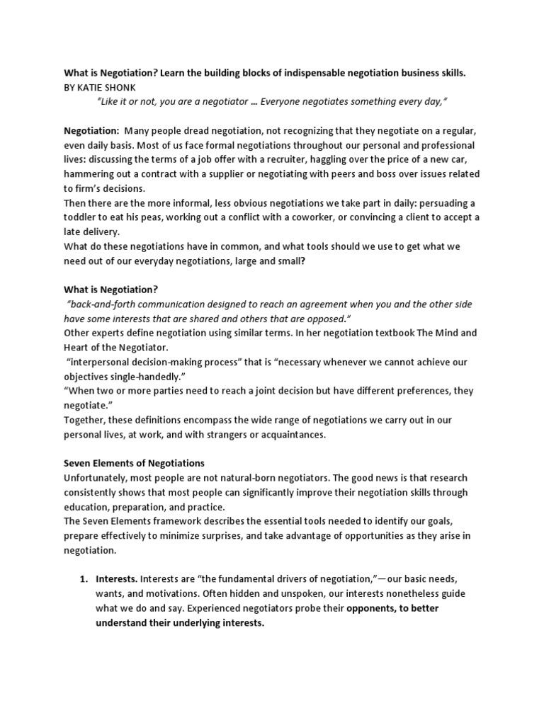 Article On Seven Elements of Negotiation | PDF | Negotiation | Cognition