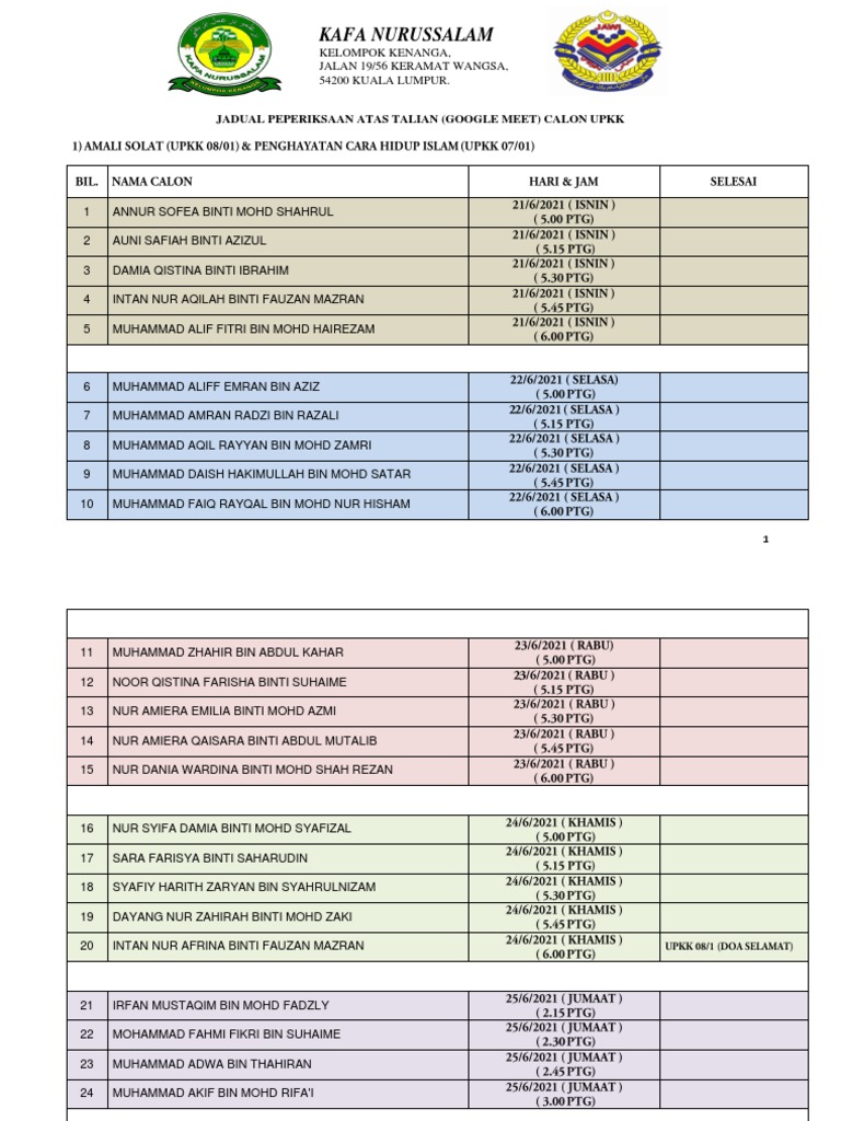 Jadual Peperiksaan UPKK 2021 | PDF