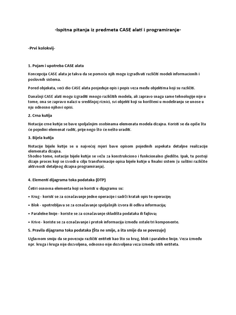 Ispitna Pitanja Iz Predmeta CASE Alati I Programiranje | PDF