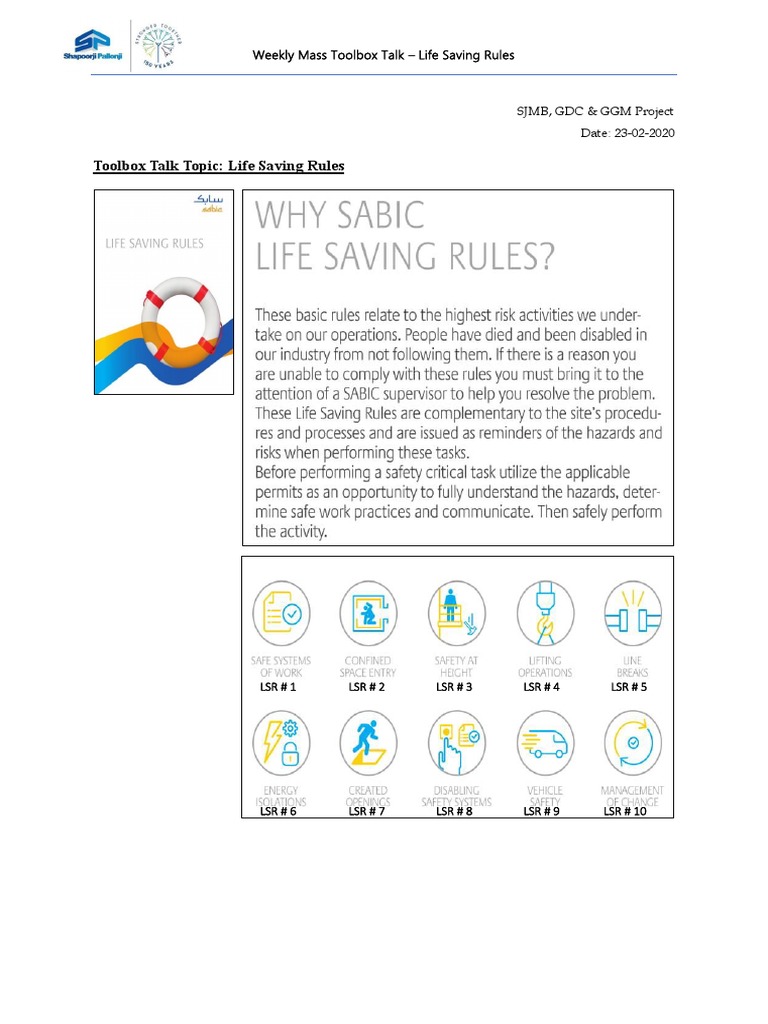Weekly Mass Toolbox Talk - 23rd Feb' 20 | PDF | Occupational Safety And ...