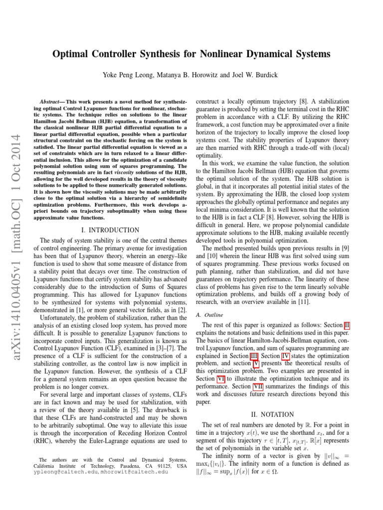 Optimal Controller Synthesis For Nonlinear Dynamical Systems | PDF | Mathematical Optimization ...
