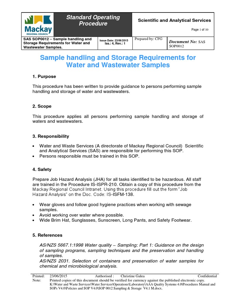 Water & Wastewater Sample Handling SOP | PDF | Sodium Hydroxide ...