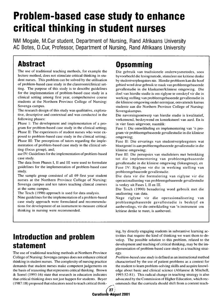 Problem-Based Case Study To Enhance Critical Thinking in Student Nurses ...