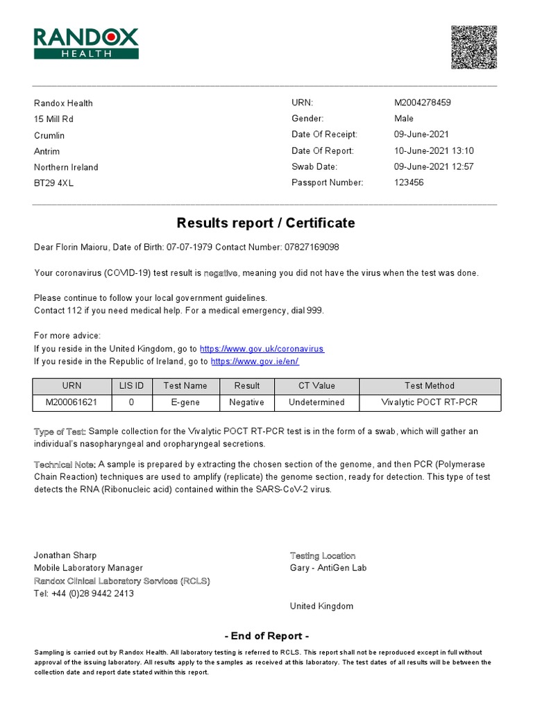 PCR Test Certificate Sample | PDF | Reverse Transcription Polymerase ...