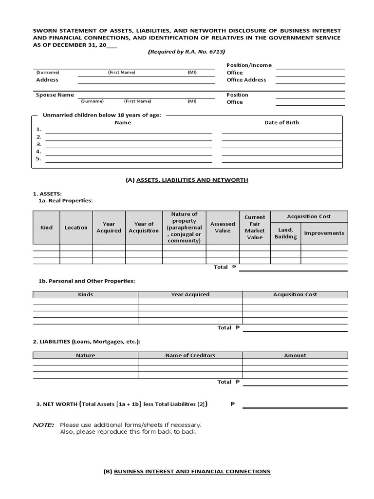 Sworn Statement of Assets and Liabilities
