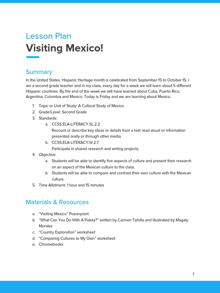 Visiting Mexico!: Lesson Plan | PDF | Worksheet | English As A Second ...