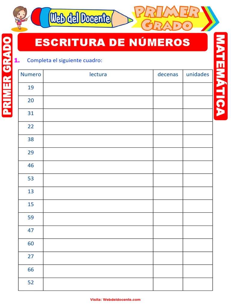 Escritura de Números para Primer Grado de Primaria | PDF