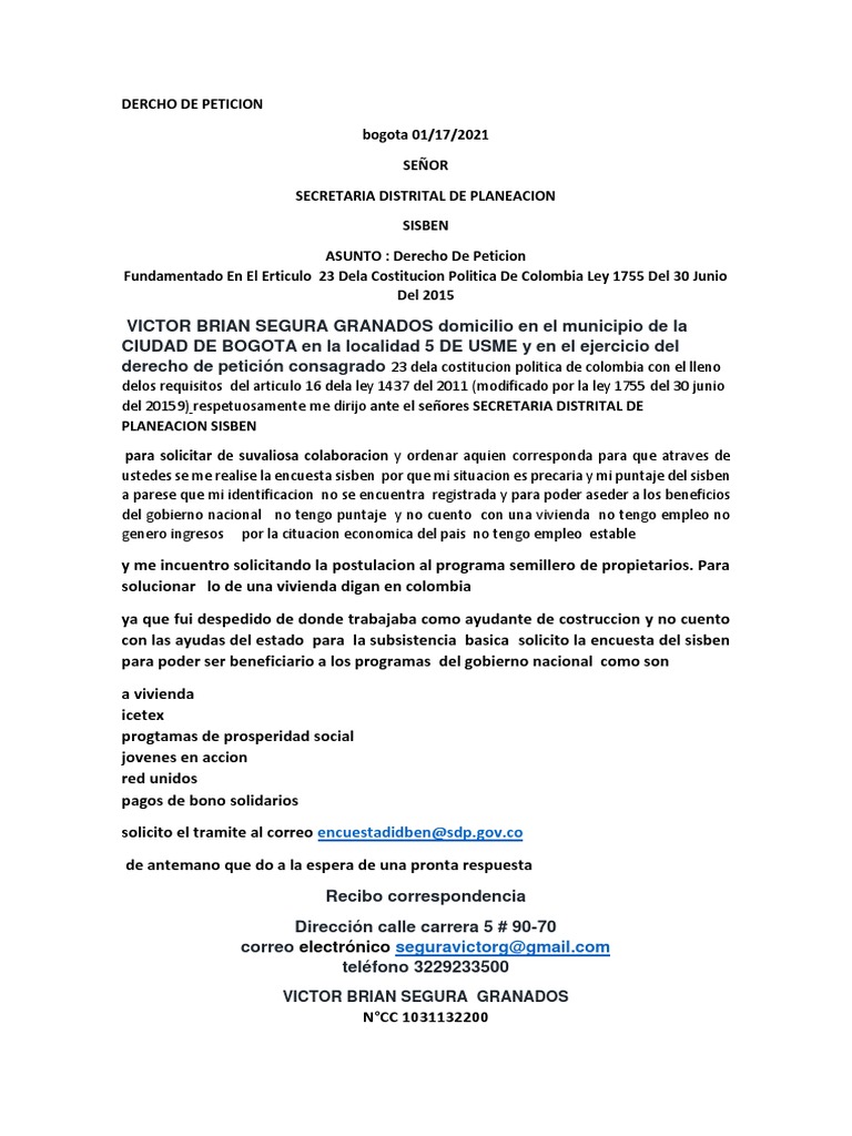 Solicitud de Encuesta Sisben VICTOR BRIAN SEGURA GRANADOS | PDF