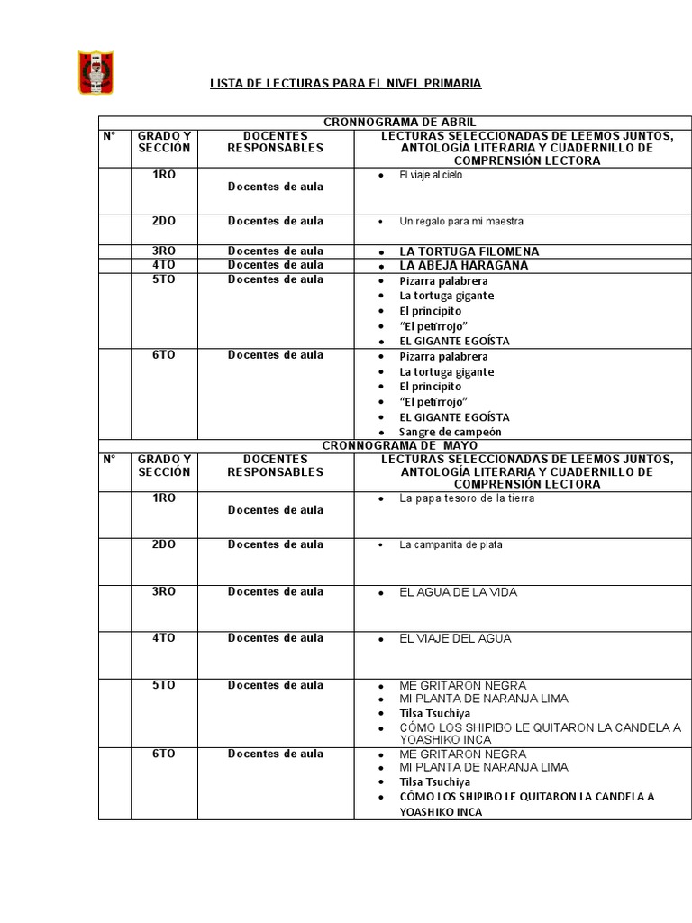 Lista de Lecturas para El Nivel Primaria 2021 | PDF