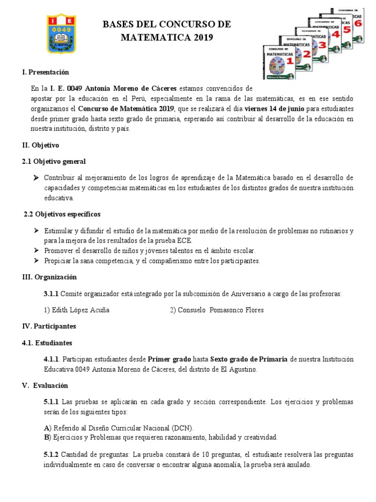 Bases Del Concurso de Matematica 2018 | PDF | Educación primaria | Cognición